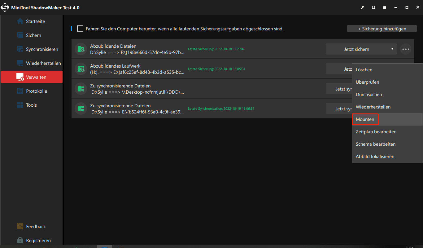 Sicherungsabbild mit Minitool ShadowMaker mounten und dismounten - MiniTool