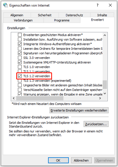 TLS 1.2 in Windows 11/10 und älteren Win-Versionen aktivieren